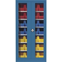 Mauser Sichtfenster-Fl&uuml;gelt&uuml;renschrank, mit 28 Sichtlagerk&auml;sten, brillantblau