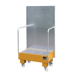 eurokraft pro Fahrbare Auffangwanne mit Lochplattenwand, 2 x 60-l-Fass stehend nebeneinander, LxBxH 570 x 890 x 1685 mm, gelborange