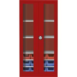Mauser Sichtfenster-Flügeltürenschrank, mit 12 Sichtlagerkästen, feuerrot