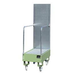 eurokraft pro Fahrbare Auffangwanne mit Lochplattenwand, 2 x 60-l-Fass stehend hintereinander, LxBxH 875 x 500 x 1685 mm, resedagr&uuml;n
