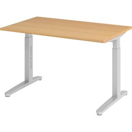 eurokraft pro ANNY - Schreibtisch mit C-Fußgestell, höhenverstellbar 650 - 850 mm, Breite 1200 mm, Buche / alusilber