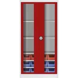 Mauser Sichtfenster-Fl&uuml;gelt&uuml;renschrank, mit 12 Sichtlagerk&auml;sten, lichtgrau / feuerrot