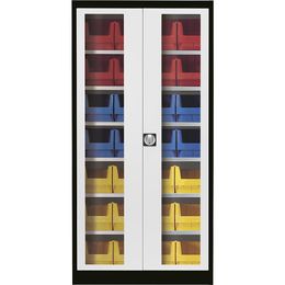 Mauser Sichtfenster-Fl&uuml;gelt&uuml;renschrank, mit 28 Sichtlagerk&auml;sten, graphitschwarz / lichtgrau