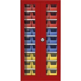 Mauser Sichtfenster-Fl&uuml;gelt&uuml;renschrank, mit 36 Sichtlagerk&auml;sten, feuerrot
