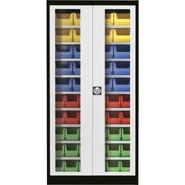 Mauser Sichtfenster-Fl&uuml;gelt&uuml;renschrank, mit 50 Sichtlagerk&auml;sten, graphitschwarz / lichtgrau