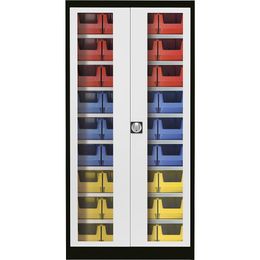 Mauser Sichtfenster-Fl&uuml;gelt&uuml;renschrank, mit 36 Sichtlagerk&auml;sten, graphitschwarz / lichtgrau