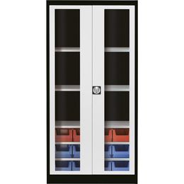 Mauser Sichtfenster-Fl&uuml;gelt&uuml;renschrank, mit 12 Sichtlagerk&auml;sten, graphitschwarz / lichtgrau