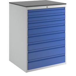 Rau Schubladenschrank mit Teleskopführungen, Höhe 1030 mm, Schubladen 3 x 90, 3 x 120, 2 x 150 mm, lichtgRau / enzianblau, Breite 770 mm