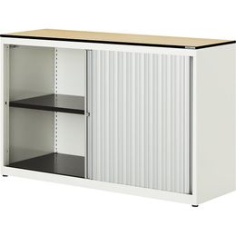 Mauser Querrollladenschrank, HxBxT 818 x 1200 x 432 mm, Vollkernplatte, 1 Fachboden, reinwei&szlig; / alufarben / Ahorn