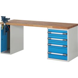 eurokraft pro Werkbank, Baukastensystem Serie 7000, 1 Schrank, 1 Standcontainer je 4 Schubladen, BxT 2000 x 700 mm