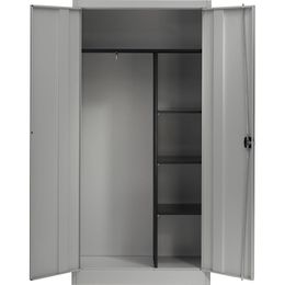 Mauser Stahlschrank mit Fl&uuml;gelt&uuml;ren, 3 Fachb&ouml;den kurz und Garderobe, wei&szlig;aluminium