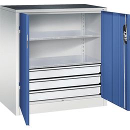 C+P Werkstatt-Beistellschrank mit Flügeltüren und Schubladen, HxBxT 1000 x 930 x 500 mm, lichtgrau / enzianblau