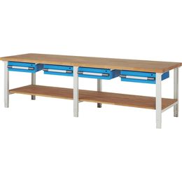 eurokraft pro Werkbank, Baukastensystem Serie 7000, 4 Hängeschubladen, 1 Ablageboden, BxT 3000 x 900 mm