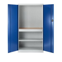 Werkzeugschrank mit Lochprägung, 1 Schublade, 1 Fachboden, 1 Arbeitsplatte, Türen enzianblau kaiserkraft