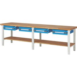 eurokraft pro Werkbank, Baukastensystem Serie 7000, 4 Hängeschubladen, 1 Ablageboden, BxT 3000 x 700 mm