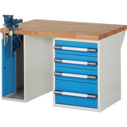 eurokraft pro Werkbank, Baukastensystem Serie 7000, 1 Schrank, 1 Standcontainer je 4 Schubladen, BxT 1250 x 900 mm