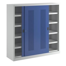 Pavoy Ball-Schiebet&uuml;renschrank, H&ouml;he 1950 mm, mit Lochblech-T&uuml;ren, Breite 2000 mm, grau / blau