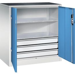 C+P Werkstatt-Beistellschrank mit Fl&uuml;gelt&uuml;ren und Schubladen, HxBxT 1000 x 930 x 500 mm, lichtgrau / lichtblau