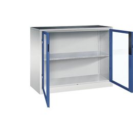 C+P Sichtfenster-Flügeltürschrank, HxBxT 1000 x 1200 x 500 mm, 1 Fachboden, lichtgrau / enzianblau