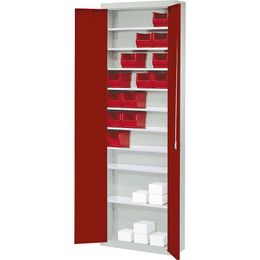 Mauser Magazinschrank, ohne Sichtlagerk&auml;sten, HxBxT 2150 x 680 x 280 mm, zweifarbig, Korpus grau, T&uuml;ren rot