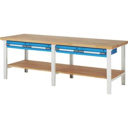 eurokraft pro Werkbank, Baukastensystem Serie 7000, 4 Hängeschubladen, 1 Ablageboden, BxT 2500 x 900 mm