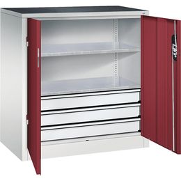C+P Werkstatt-Beistellschrank mit Flügeltüren und Schubladen, HxBxT 1000 x 930 x 500 mm, lichtgrau / rubinrot