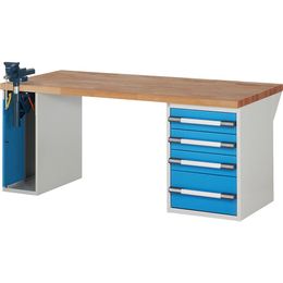 eurokraft pro Werkbank, Baukastensystem Serie 7000, 1 Schrank, 1 Standcontainer je 4 Schubladen, BxT 2000 x 900 mm