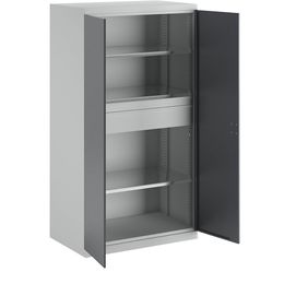 eurokraft pro Materialschrank, Tiefe 650 mm, 3 Fachböden + 2 Schubladen, Türen grau