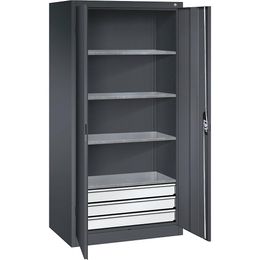 C+P Werkstatt-Flügeltürschrank mit Schubladen, BxT 1200 x 600 mm, 4 Fachböden, schwarzgrau / schwarzgrau