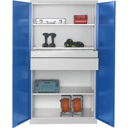 eurokraft pro Materialschrank, Tiefe 650 mm, 3 Fachböden + 2 Schubladen, Türen blau
