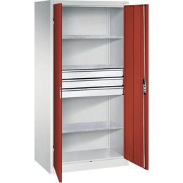 C+P Werkstatt-Flügeltürschrank mit Schubladen, BxT 930 x 600 mm, 3 Fachböden, lichtgrau / rubinrot