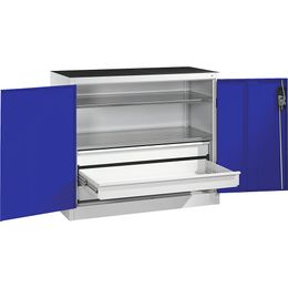 C+P Werkstatt-Beistellschrank mit Fl&uuml;gelt&uuml;ren und Schubladen, HxBxT 1000 x 1200 x 500 mm, lichtgrau / enzianblau