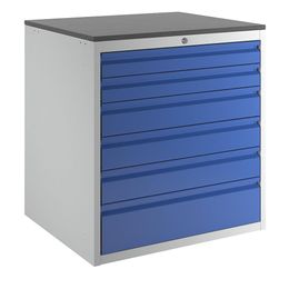 Rau Schubladenschrank mit Teleskopführungen, Höhe 820 mm, Schubladen 2 x 90, 3 x 120, 1 x 180 mm, lichtgRau / enzianblau, Breite 770 mm