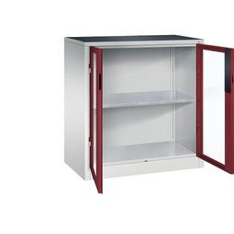 C+P Sichtfenster-Flügeltürschrank, HxBxT 1000 x 930 x 500 mm, 1 Fachboden, lichtgrau / rubinrot