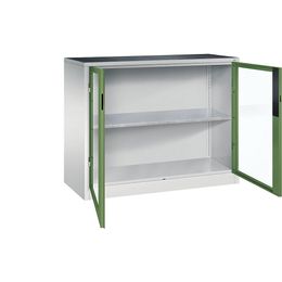 C+P Sichtfenster-Flügeltürschrank, HxBxT 1000 x 1200 x 500 mm, 1 Fachboden, lichtgrau / resedagrün