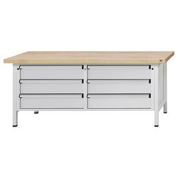 ANKE Werkbank mit XL/XXL-Schubladen, Gestellbauweise, Breite 2000 mm, 6 Schubladen 180 mm, Buchemassivplatte, Front lichtgrau
