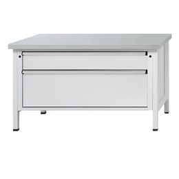 ANKE Werkbank mit XL/XXL-Schubladen, Gestellbauweise, Breite 1500 mm, 2 Schubladen, Stahlblechbelagplatte, Front lichtgrau