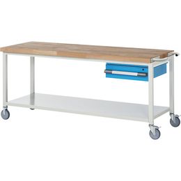 eurokraft pro Fahrbare Werkbank Serie 8000, Gestellbauweise, 1 Hängeschublade, Ablageboden, BxT 2000 x 700 mm