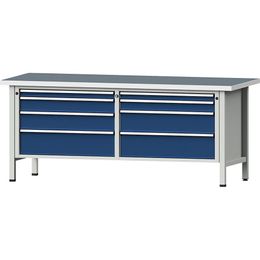 ANKE Werkbank mit XL/XXL-Schubladen, Gestellbauweise, Breite 2000 mm, 8 Schubladen, Universalplatte, Front enzianblau