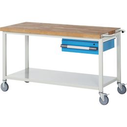 eurokraft pro Fahrbare Werkbank Serie 8000, Gestellbauweise, 1 Hängeschublade, Ablageboden, BxT 1500 x 700 mm