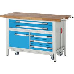 eurokraft pro Fahr- und absenkbare Werkbank, Gestellbauweise Serie 8000, 5 Schubladen, 1 Tür, Platten-BxT 1500 x 700 mm