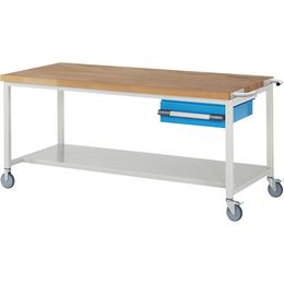 eurokraft pro Fahrbare Werkbank Serie 8000, Gestellbauweise, 1 Hängeschublade, Ablageboden, BxT 2000 x 900 mm