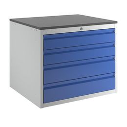 Rau Schubladenschrank mit Teleskopf&uuml;hrungen, H&ouml;he 640 mm, Schubladen 2 x 120, 2 x 150 mm, lichtgRau / enzianblau, Breite 770 mm
