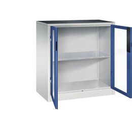 C+P Sichtfenster-Flügeltürschrank, HxBxT 1000 x 930 x 500 mm, 1 Fachboden, lichtgrau / enzianblau