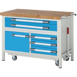 eurokraft pro Fahr- und absenkbare Werkbank, Gestellbauweise Serie 8000, 5 Schubladen, 1 Tür, Platten-BxT 1250 x 700 mm