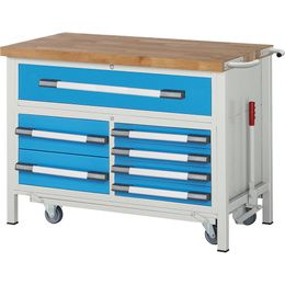 eurokraft pro Fahr- und absenkbare Werkbank, Gestellbauweise Serie 8000, 7 Schubladen, Platten-BxT 1250 x 700 mm
