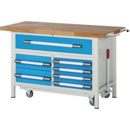 eurokraft pro Fahr- und absenkbare Werkbank, Gestellbauweise Serie 8000, 7 Schubladen, Platten-BxT 1500 x 700 mm