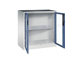 C+P Sichtfenster-Flügeltürschrank, HxBxT 1000 x 930 x 500 mm, 1 Fachboden, lichtgrau / fernblau