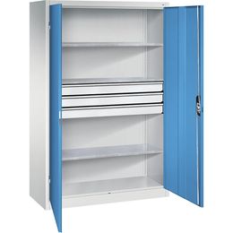 C+P Werkstatt-Flügeltürschrank mit Schubladen, BxT 1200 x 500 mm, 3 Fachböden, lichtgrau / lichtblau