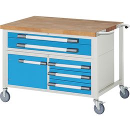 eurokraft pro Fahrbare Werkbank Serie 8000, Gestellbauweise, 5 Schubladen, 1 Tür, Platten-BxT 1250 x 900 mm